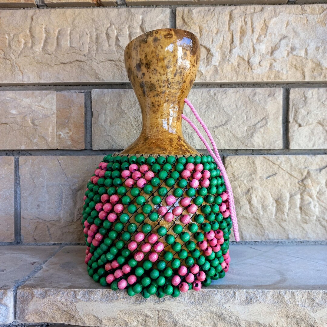 Pink Beaded Green Gourd Shekere Instrument, Latin Agbe Instrument ...