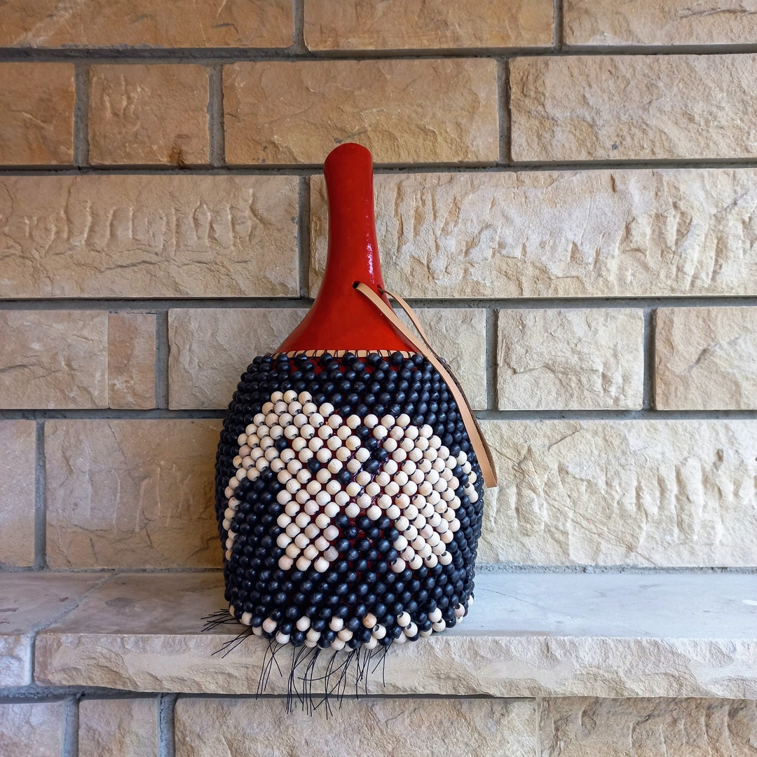 Elephant Sekere: Black & White Beaded Agbe Instrument - Etsy