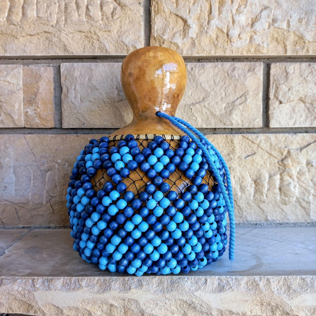 Blue White Beaded Gourd Shekere Instrument, Latin Agbe Instrument ...