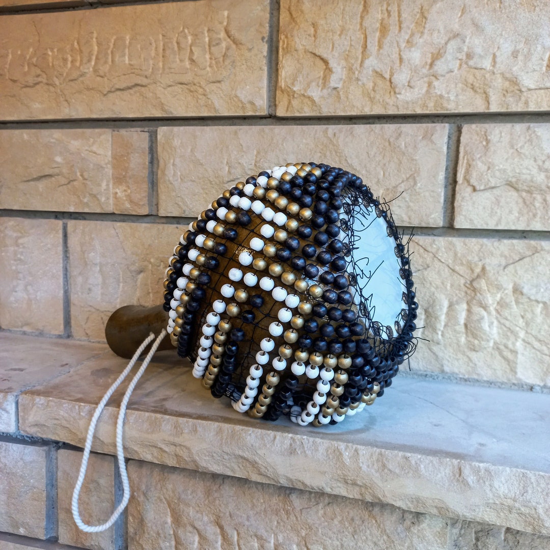 Beaded Shekere Drum: Black, White & Gold Rhythm Instrument - Etsy