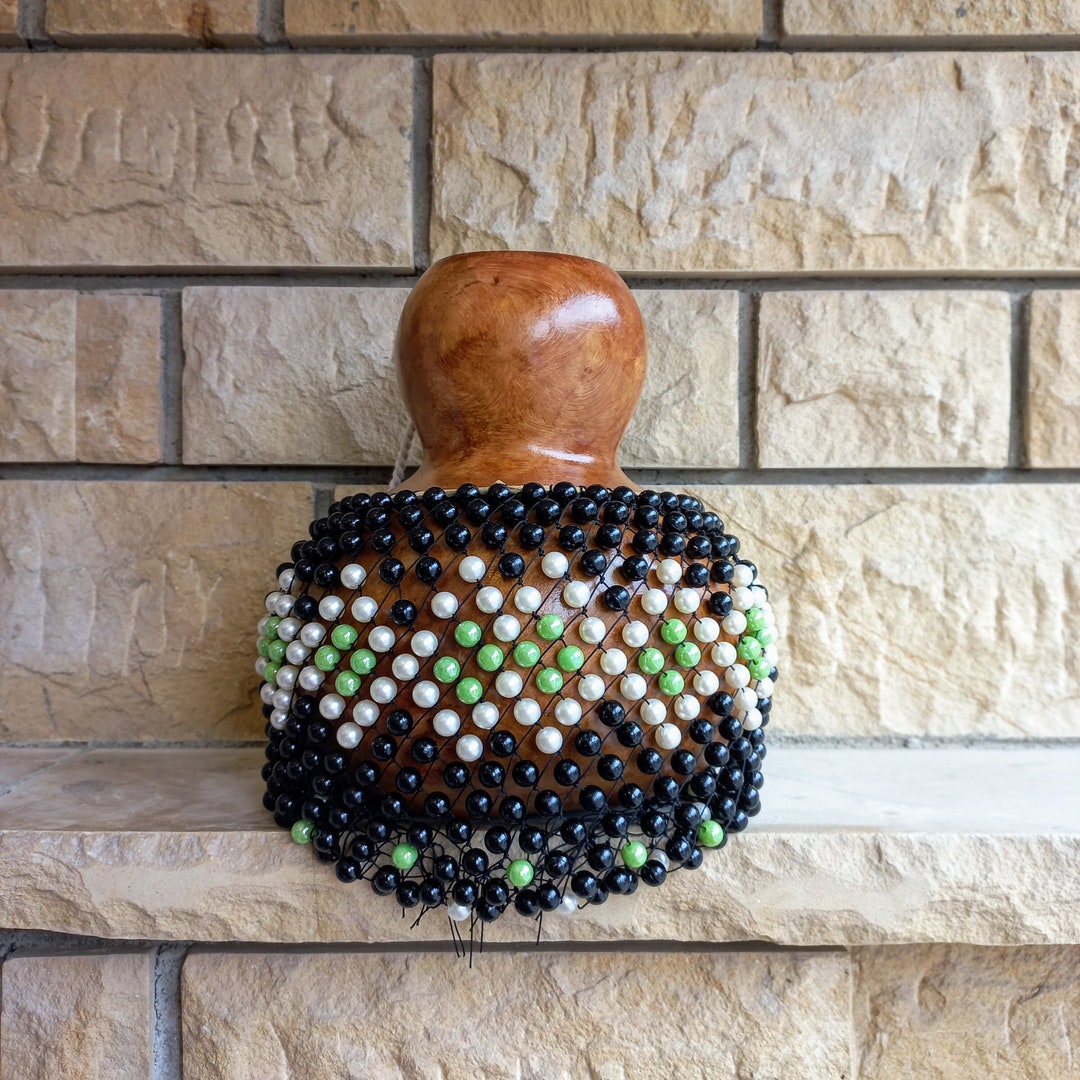 Handmade Shekere: Black, White & Green Beaded Latin Rhythm Instrument ...