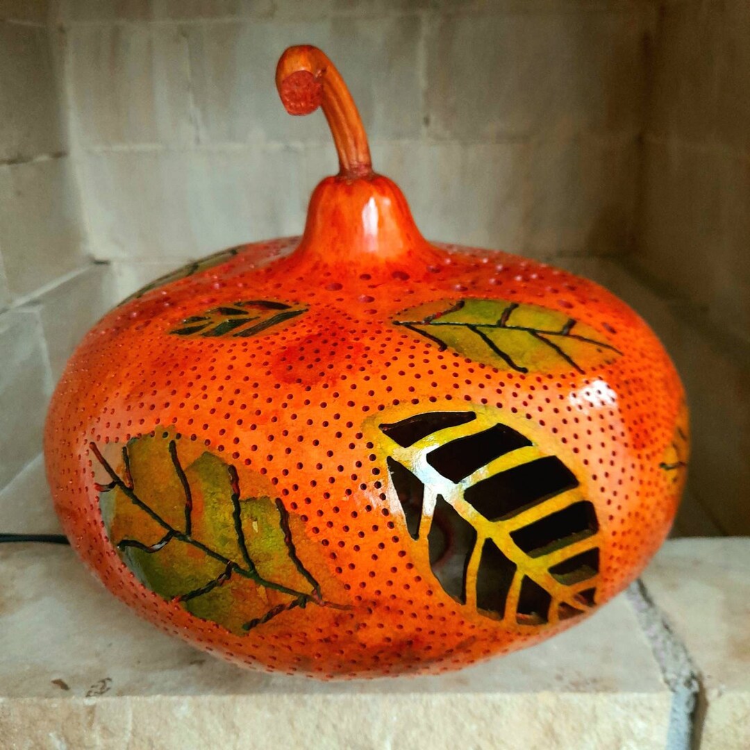Leaves Themed Gourd Lamp, Unique Gourd Lamps, Boho Home Decor ...