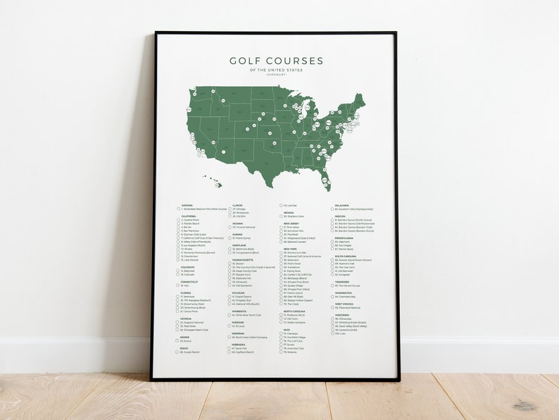 Golf Map Top 100 US Golf Courses Checklist USA Golf Poster Golf Course ...
