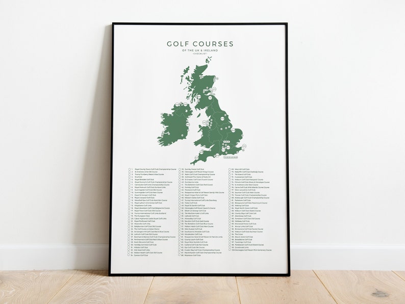 Golf Map Top 100 UK Ireland United Kingdom Golf Courses Checklist Golf ...