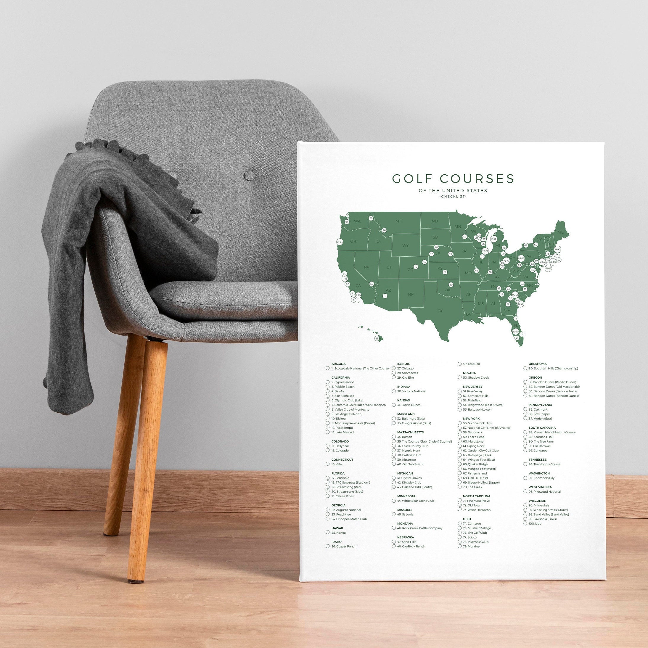 Golf Map Top 100 US Golf Courses Checklist USA Golf Poster Golf Course ...