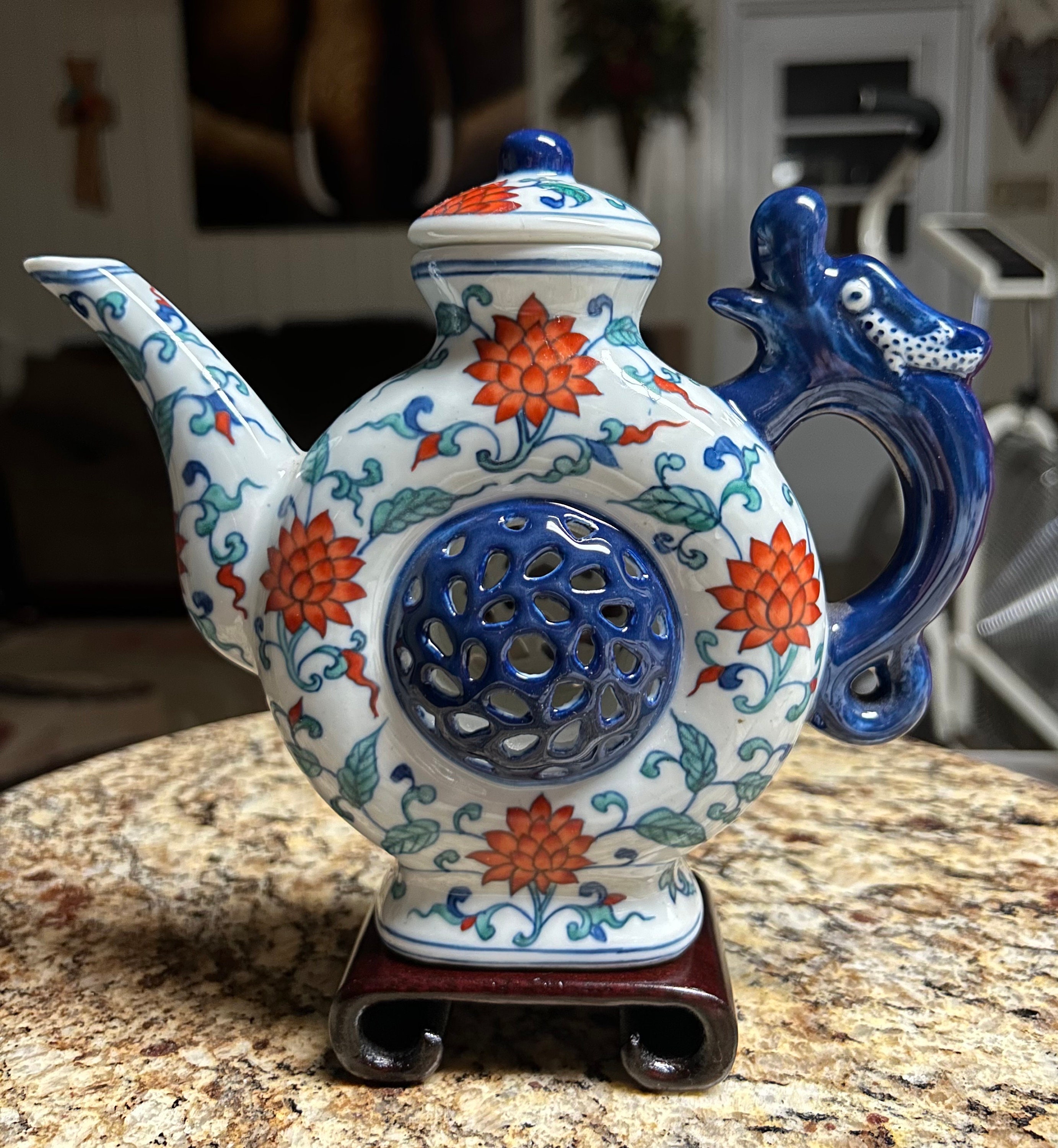 Chinese Donut Teapot Porcelain Floral Dragon Handle New W/ Box - Etsy