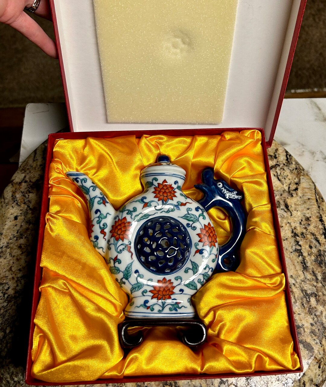 Chinese Donut Teapot • Porcelain • Floral • Dragon Handle • New W/ Box ...