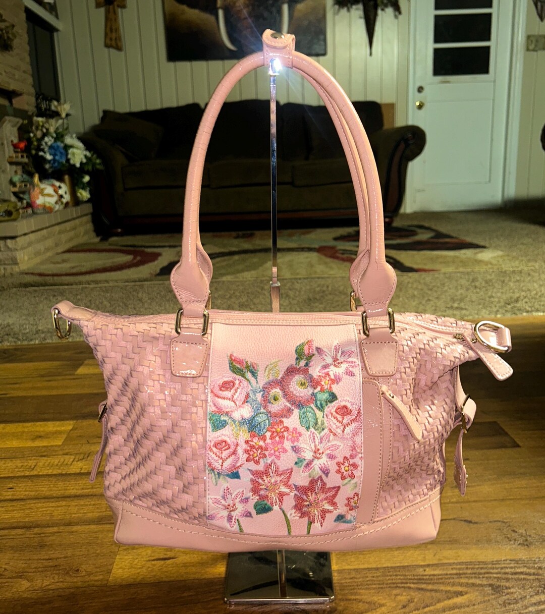 Sharif NY • Leather • Pink W/ Multi-colors Floral Embroidery • Shoulder ...