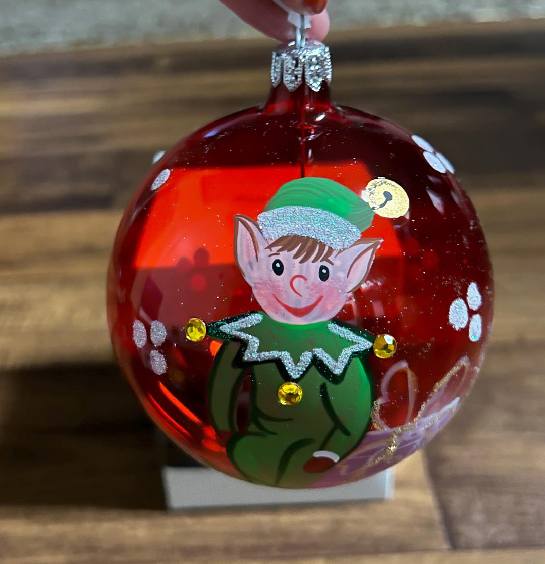 Dillard’s Trimsetter • Bling • Red W/ Painted Elf • Glass Ball Ornament ...