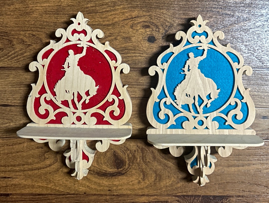 2 Wooden Hand Scrolled • Vintage • 2002 • Cowboy • Brown • Blue/red ...