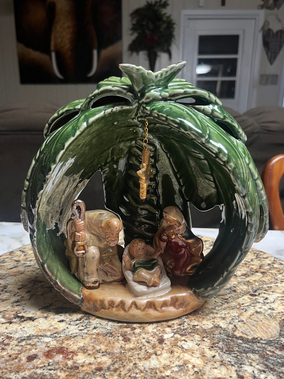 Vintage • Ceramic • Nativity Scene Enclosed in Palm Tree Votive ...