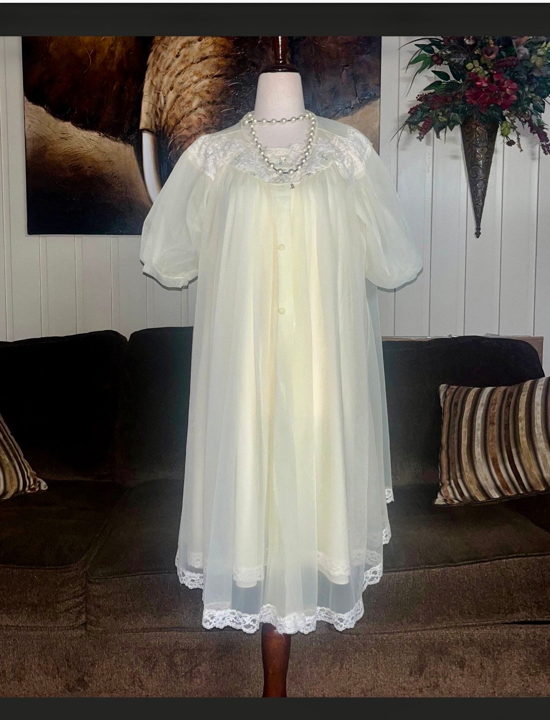 Shadowline • Vintage • Yellow • Small • Floral • Lace • Nightgown ...