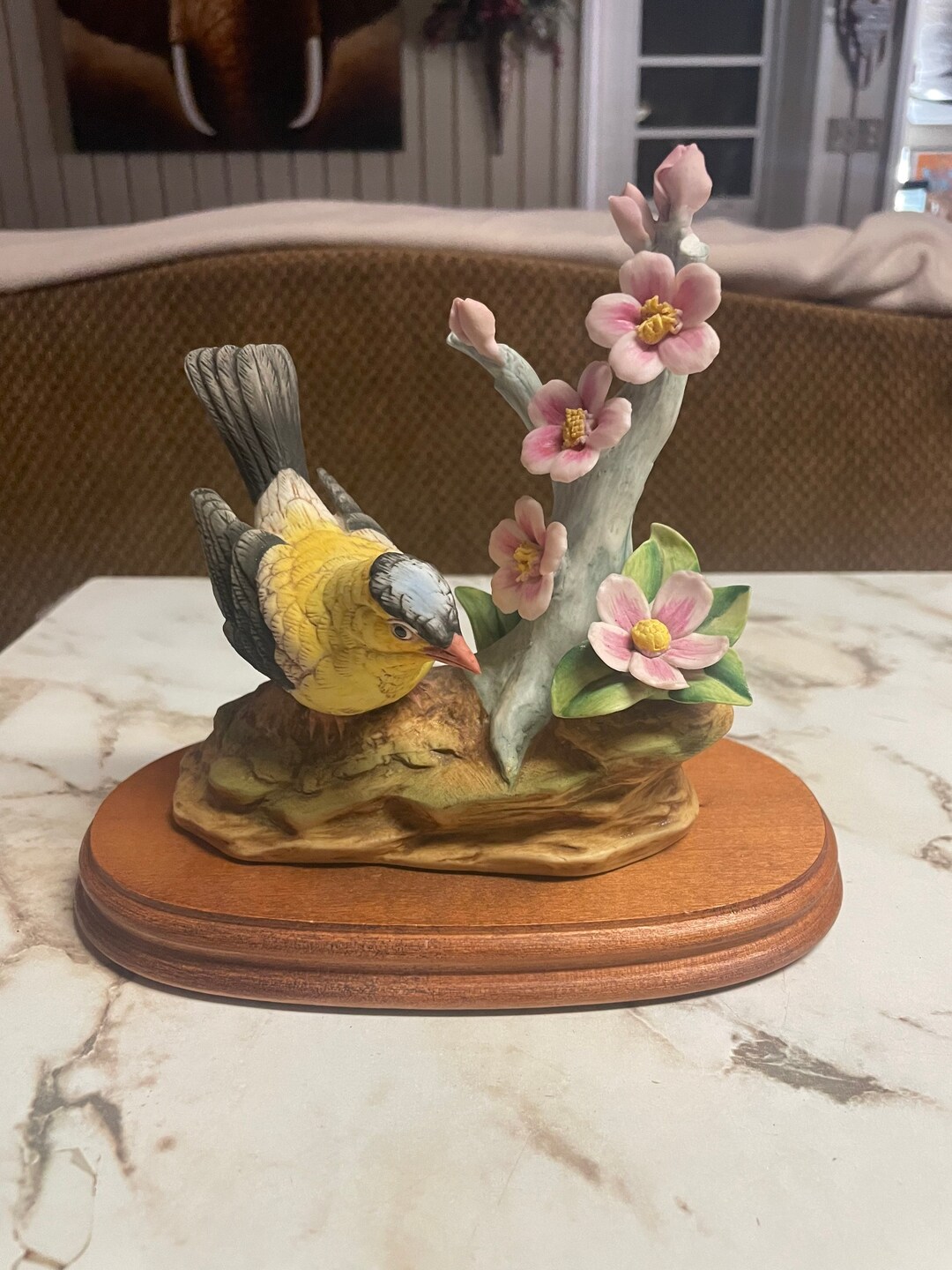 Lefton • Goldfinch Bird • Figurine • Resting on Branch With Flowers - Etsy