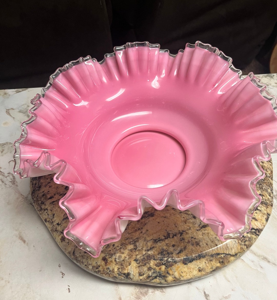 Fenton • Vintage • Glass • Pink/ White • Silvercrest • Ruffled • Bowl ...