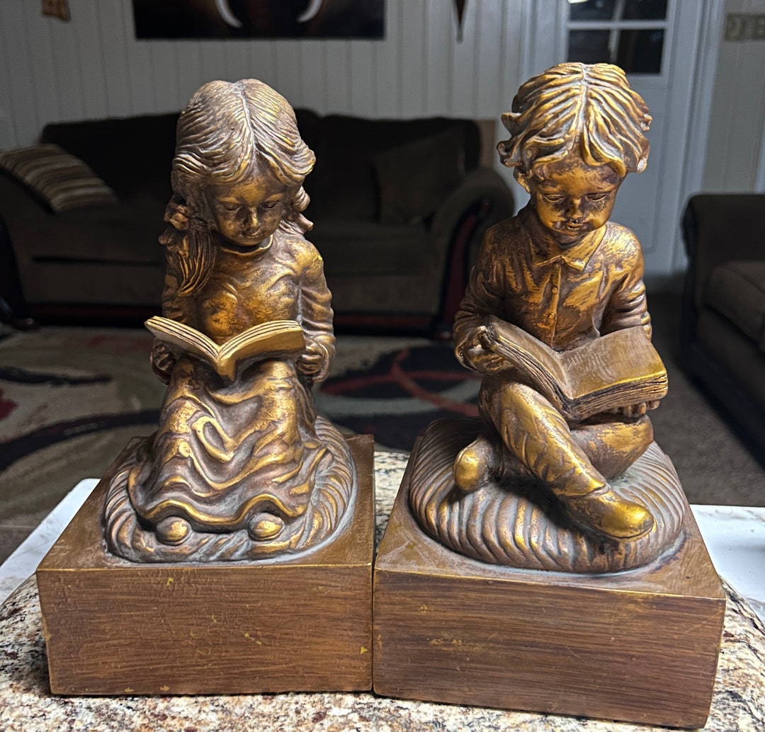 Vintage • Pair of Bookends • Boy & Girl • Reading • Bronze Color • 10 ...