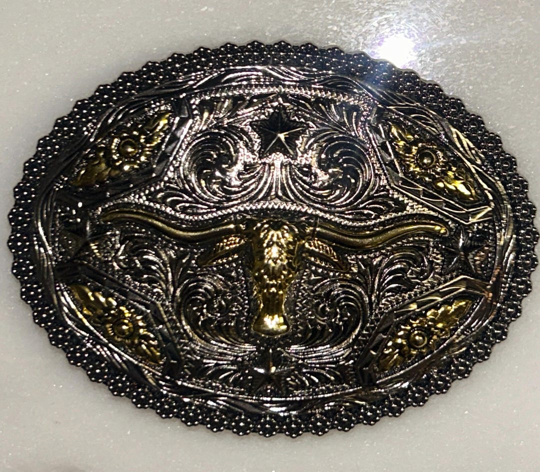 Silver & Gold-plated ~ Western Bull Head ~ Oval Buckle 4x3" Belt Buckle ...