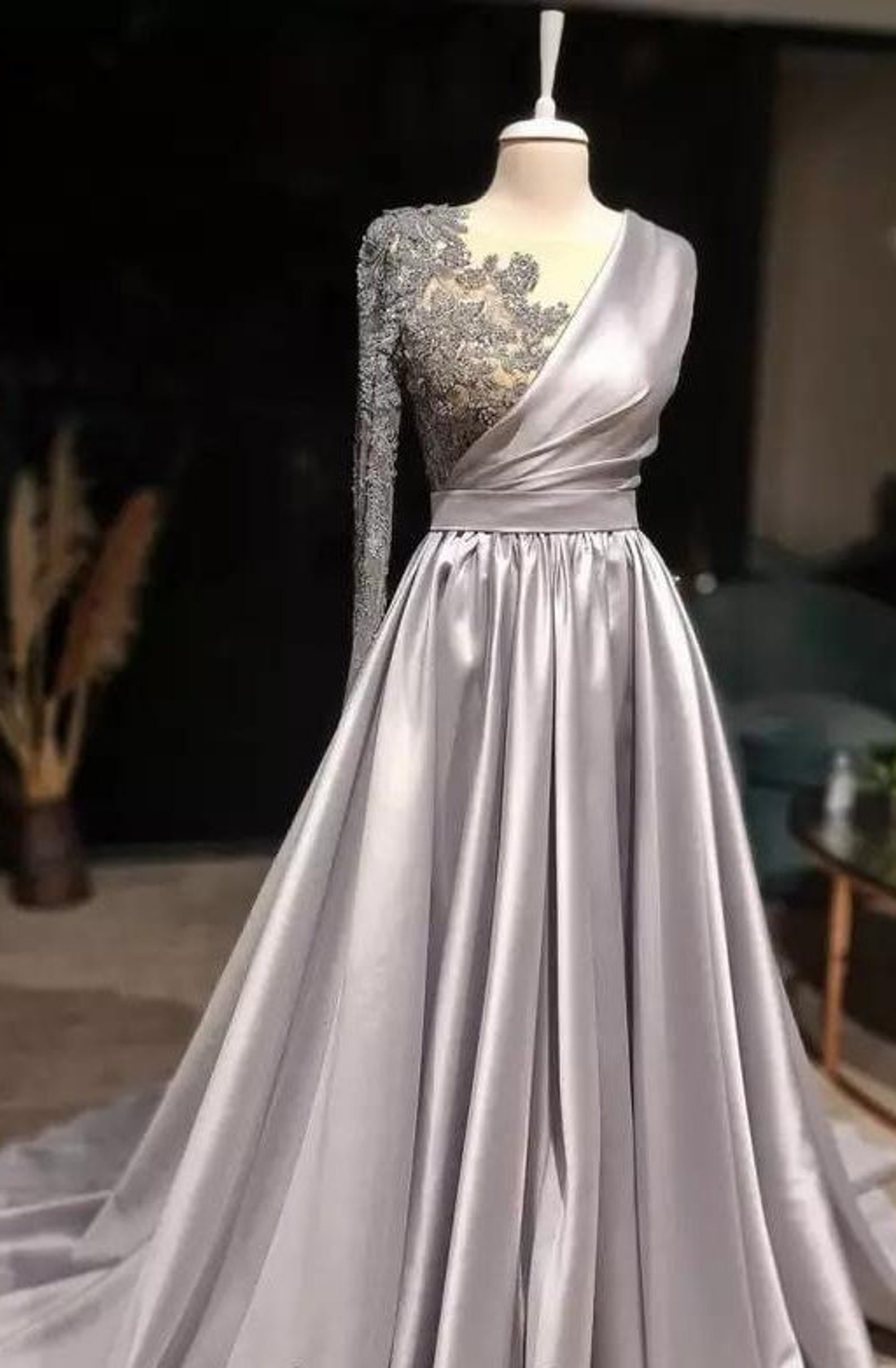 Rose Gold Silver Prom Dress Long Sleeves Dubai Evening Dresses Muslim ...
