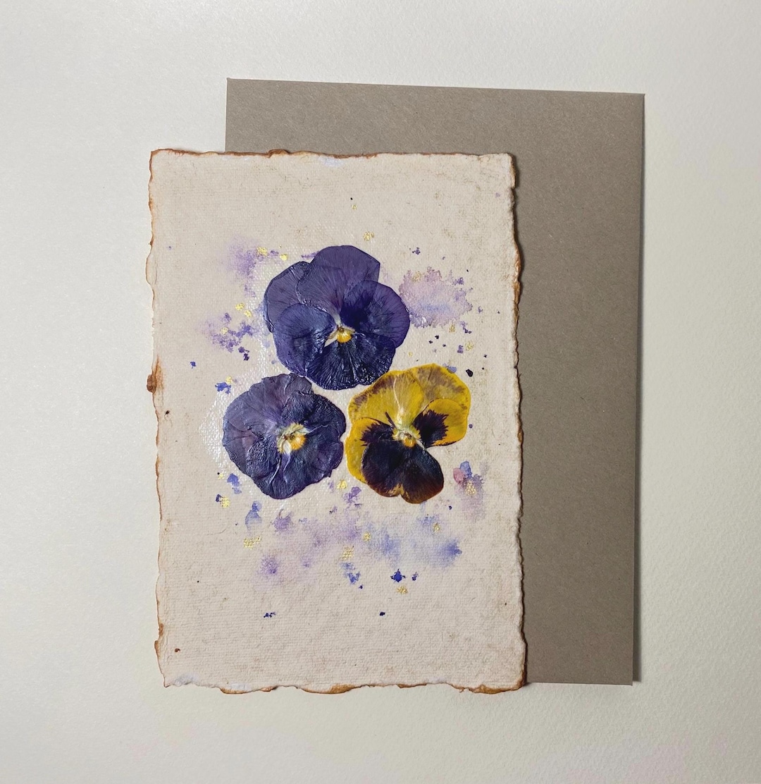 Pressed Pansy Flowers Greeting Card: Handmade Watercolor Deckled Edge ...
