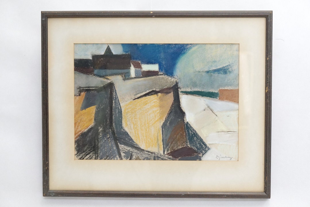 Mid Century Cubist Pastel Painting: Signed Cliff Searocks Landscape Art ...
