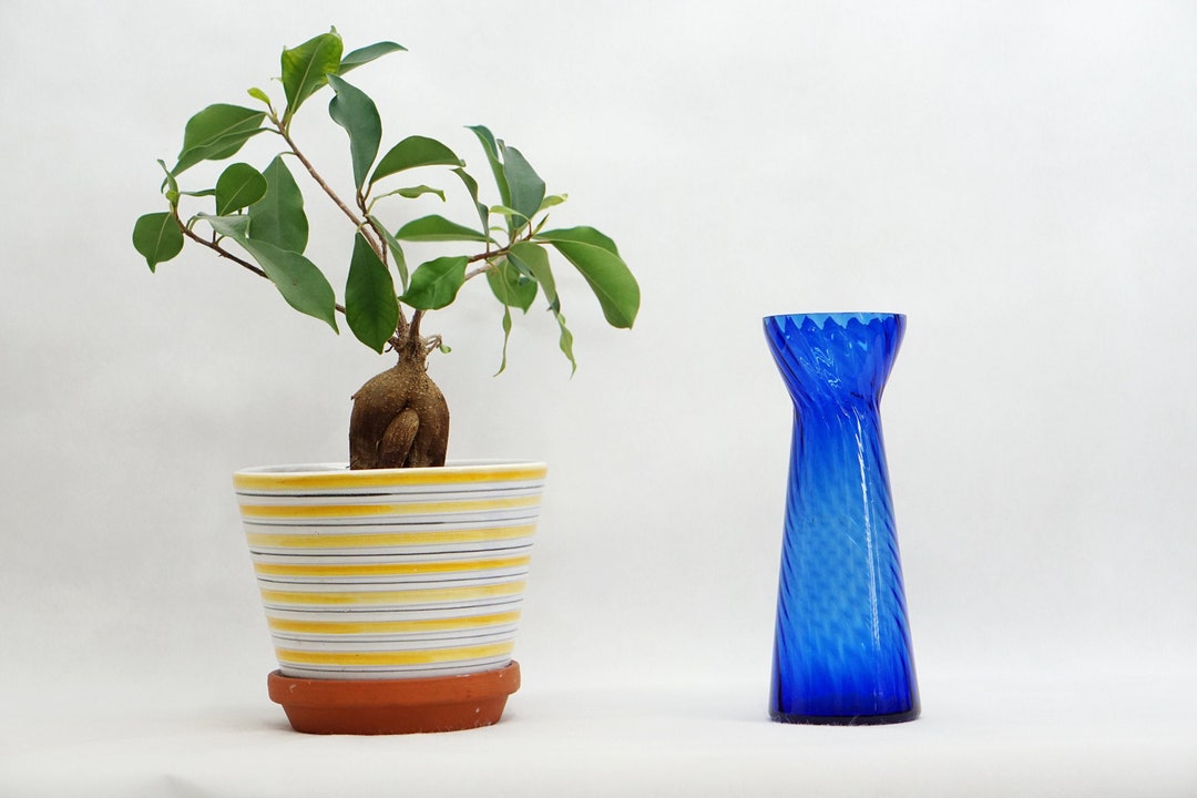 Mid Century Modern BLUE GLASS VASE Flower Stand Bohemian Style 60s 70s ...