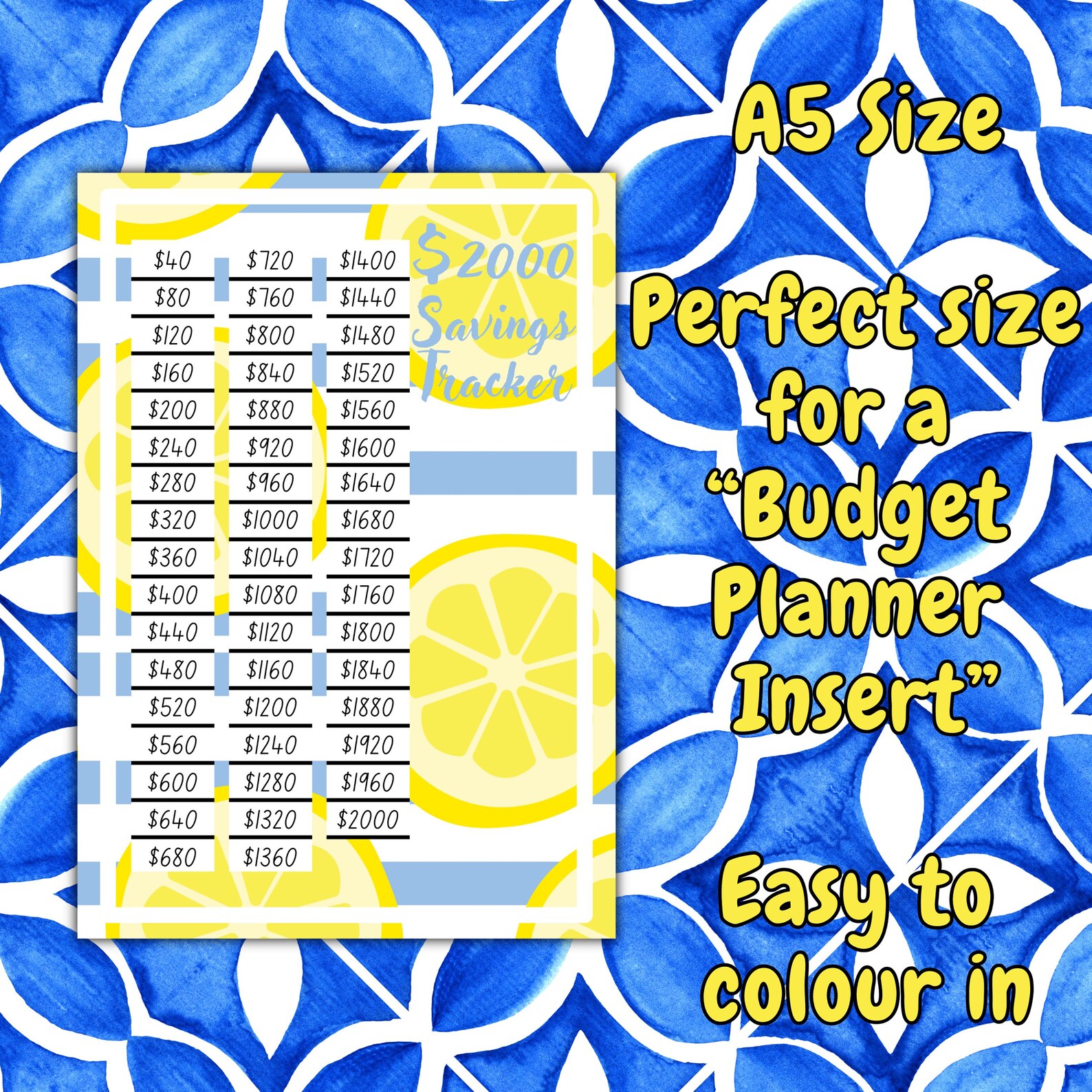 Lemon 2000 Dollars Savings Tracker Printable | Budget Planner (A5 ...
