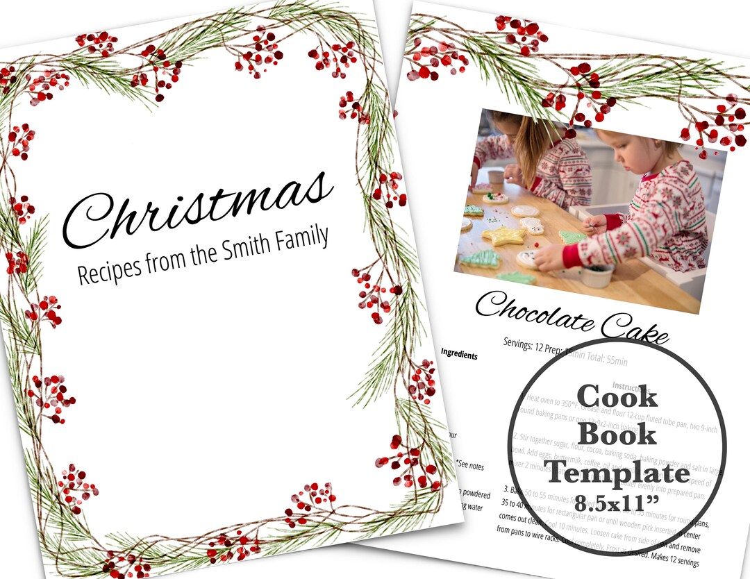 Evergreen and Berries, Christmas Cook Book Template, Printable Recipe ...