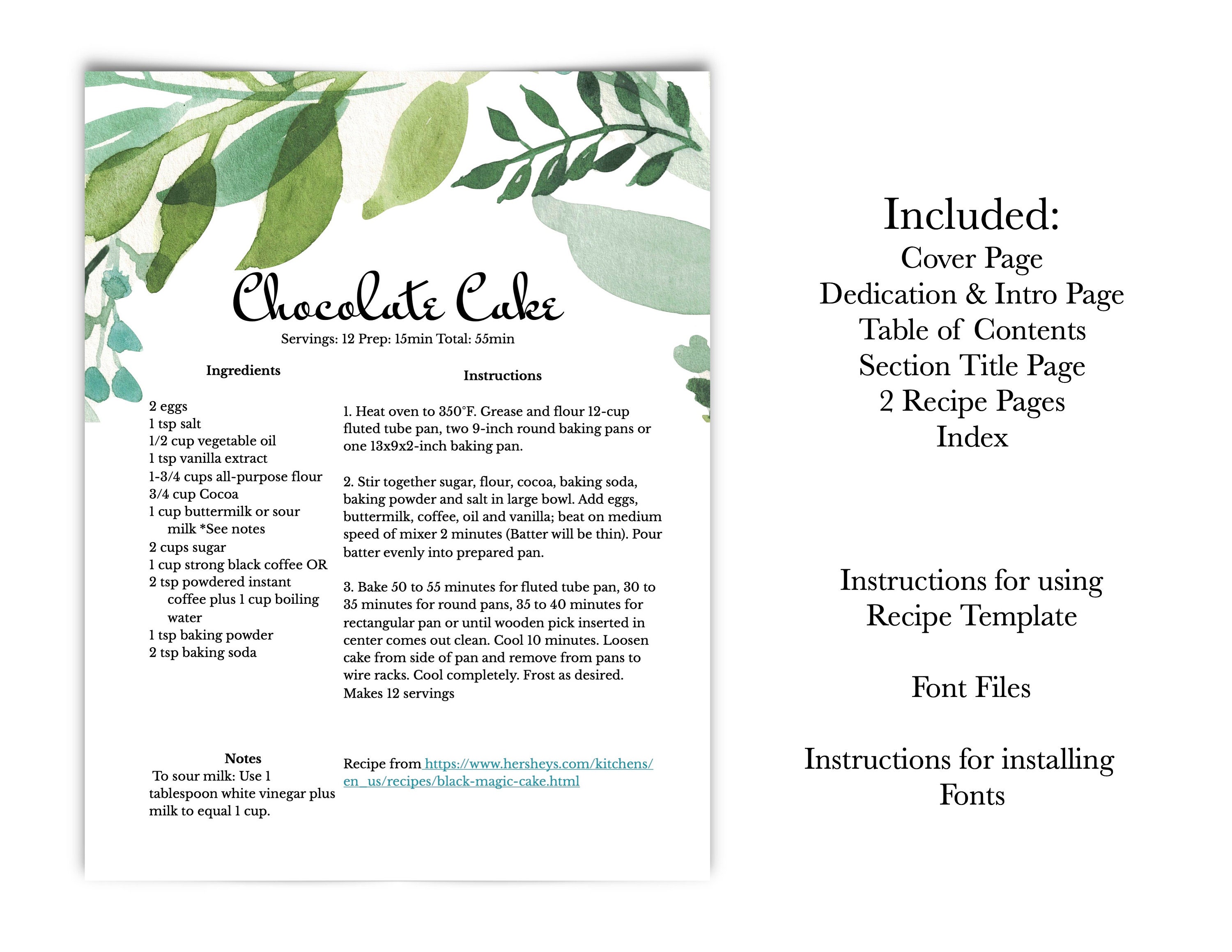 Printable Cookbook Template, Recipe Book, Binder - Watercolor Botanical ...