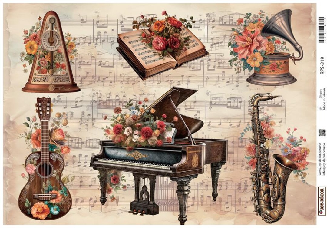 Music Instruments Rice Paper Vintage Craft Supplies Journal Scrapbook ...