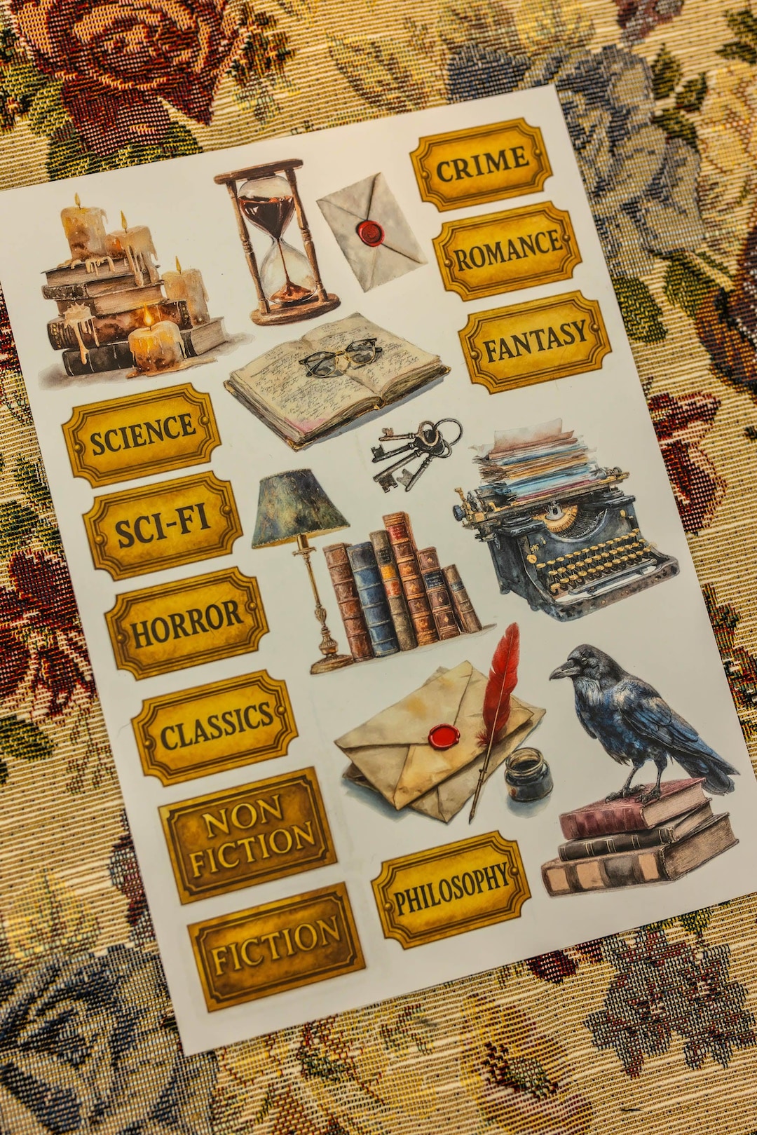 Library Sticker Sheet: Genre Tags and Vintage Book Elements Perfect to ...