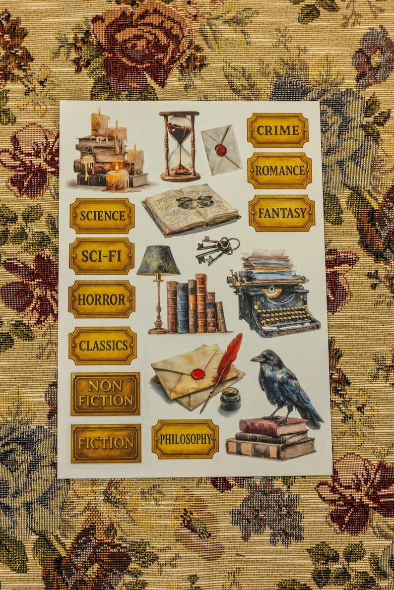 Library Sticker Sheet: Genre Tags and Vintage Book Elements Perfect to ...