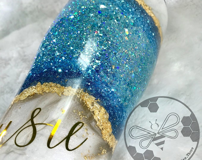 Geode Glitter Tumbler, Blue Topaz Fault-line Design Resin Epoxy Tumbler ...