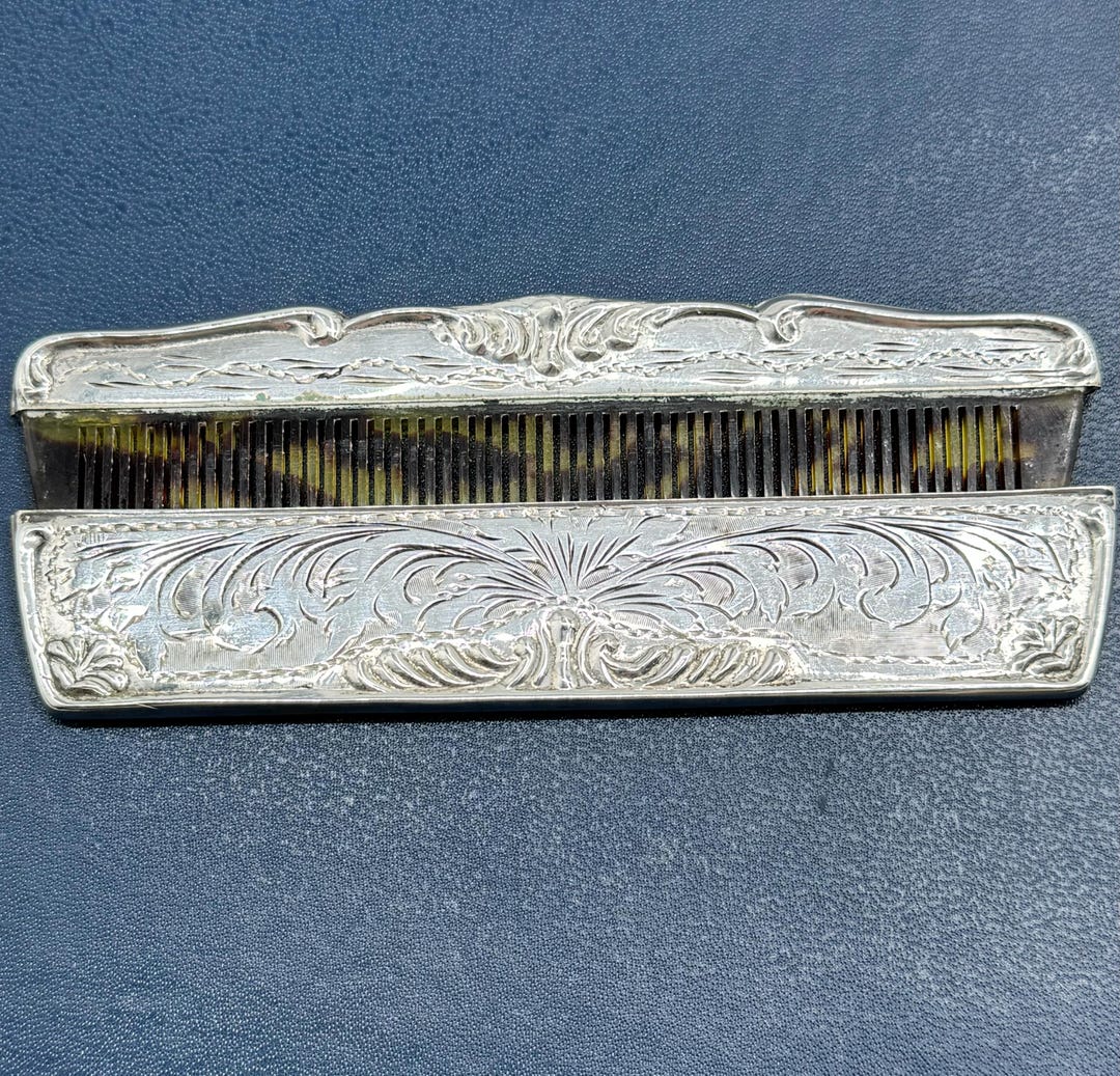 Antique Silver Comb With Slide in Case Etched Silver Victorian Comb ...