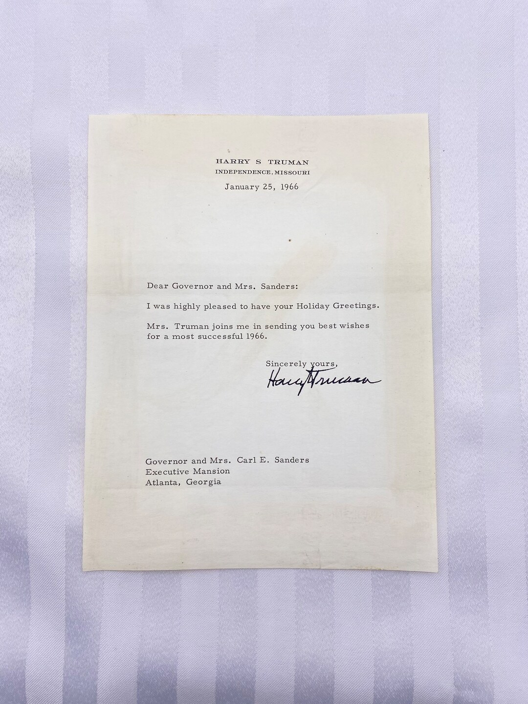 President Harry S. Truman Signed Letter to Georgia Governor Carl ...