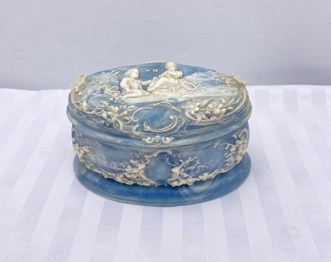 Vintage Incolay Stone Jewelry Box in Blue With White Relief 1950s and ...