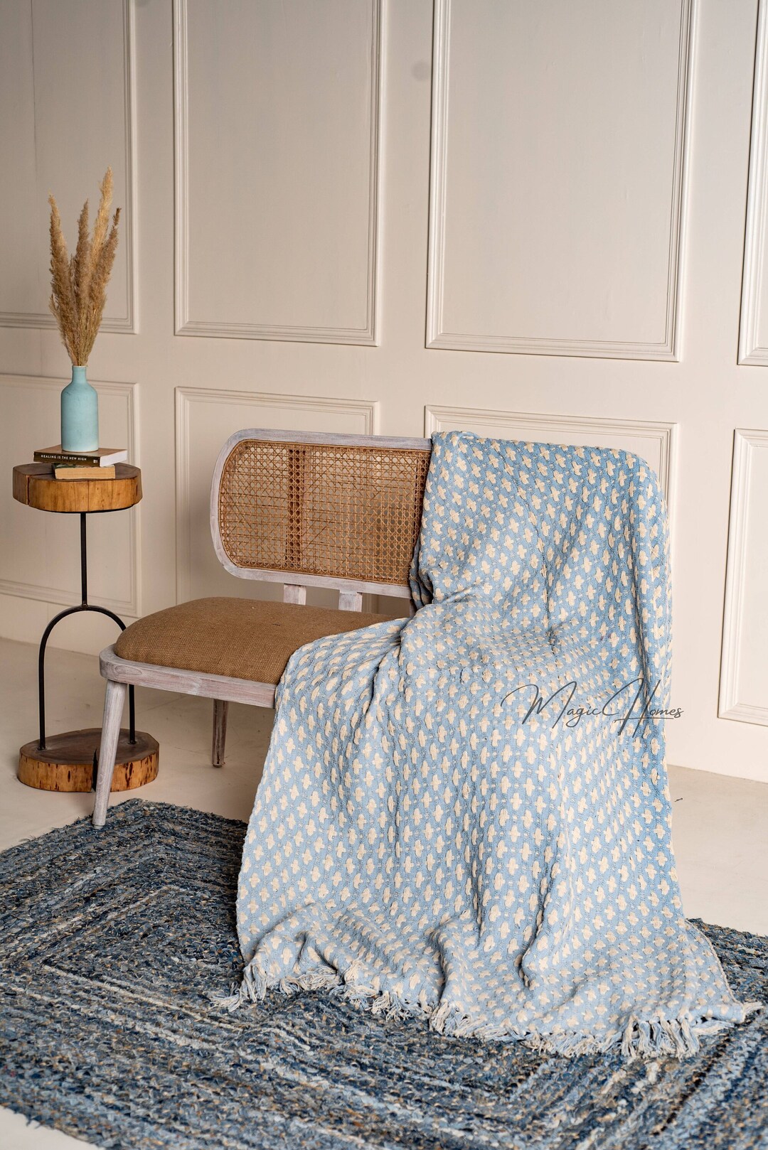 Baby Blue Hand Tufted Cotton Blanket Handmade Throws and Blankets ...