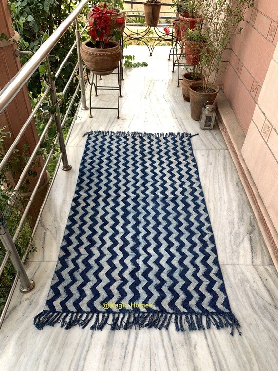 Indigo Indian Dhurrie / Handmade Block printed Indian Rug / | Etsy