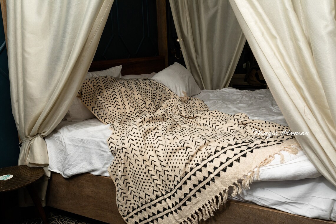 Mud Cloth Cotton Soft & Cozy Tussled Throw Blanket Boho Hand | Etsy