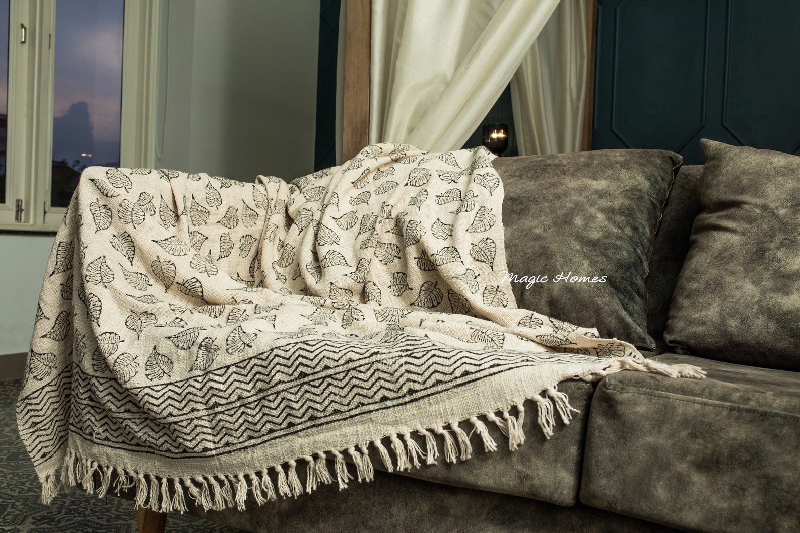 215X220 Cms Ivory Handloom Leaf Block Print Throw Blanket - Etsy