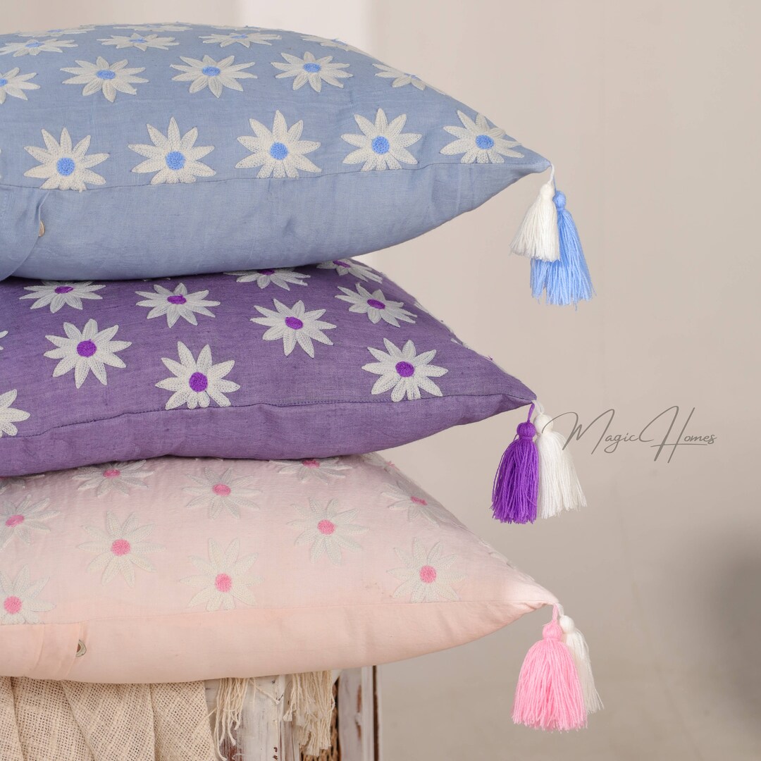 Exquisite Floral Hand Work Throw Cushion Covers, Linen Cushions ...