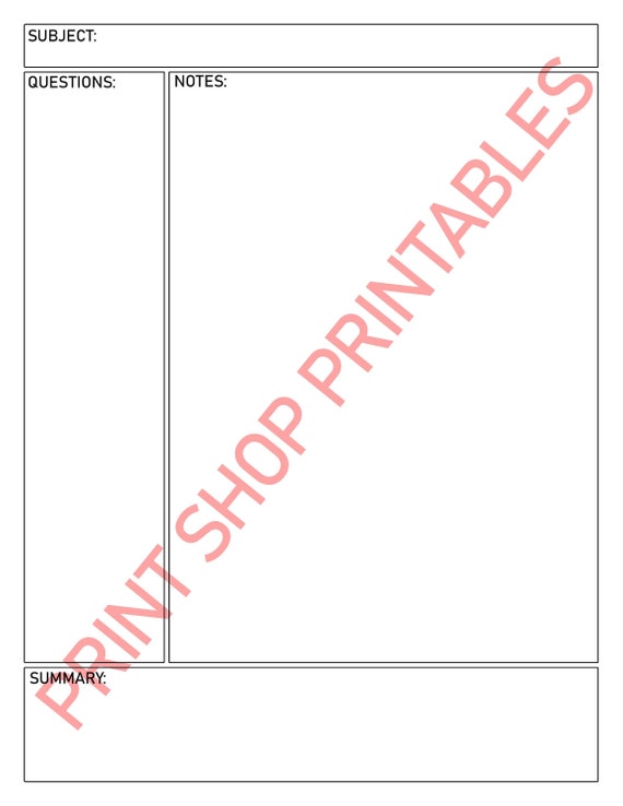 Plain Cornell Style Note Taking Template | Etsy