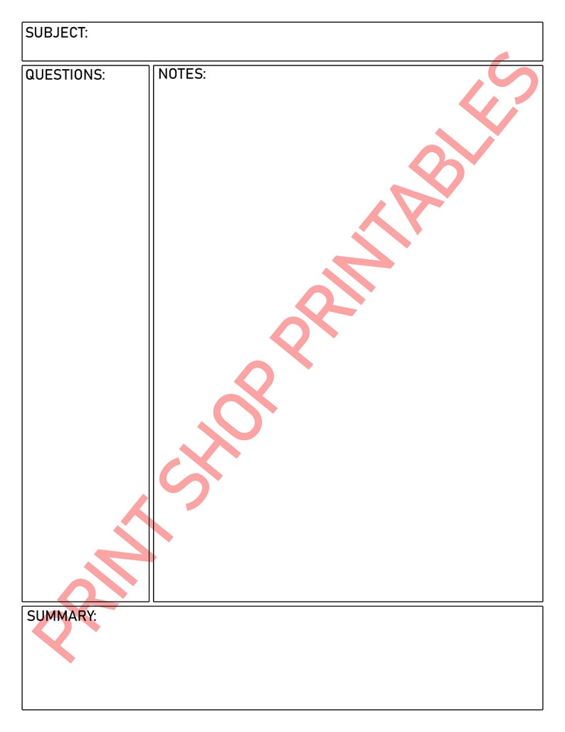 Plain Cornell Style Note Taking Template - Etsy