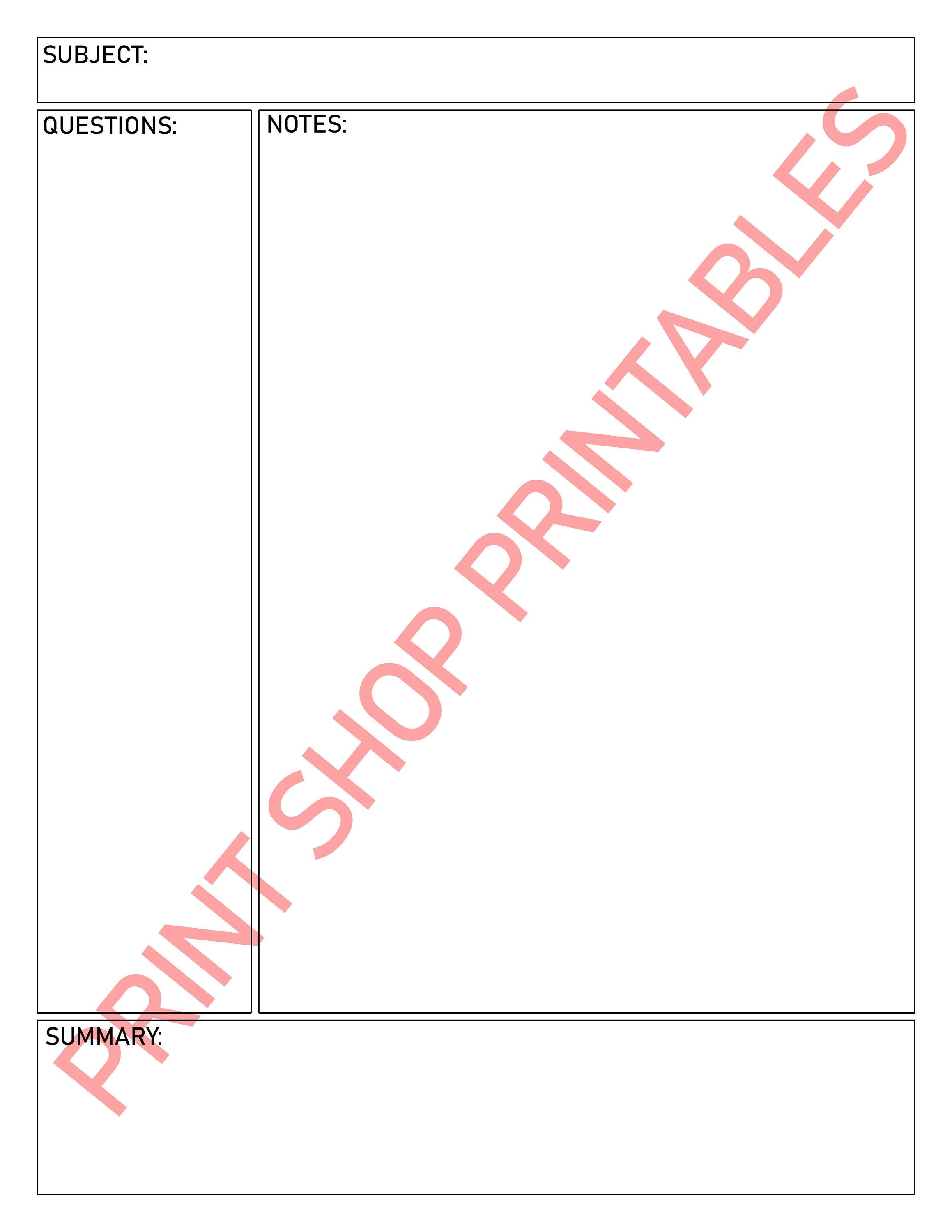 Plain Cornell Style Note Taking Template - Etsy