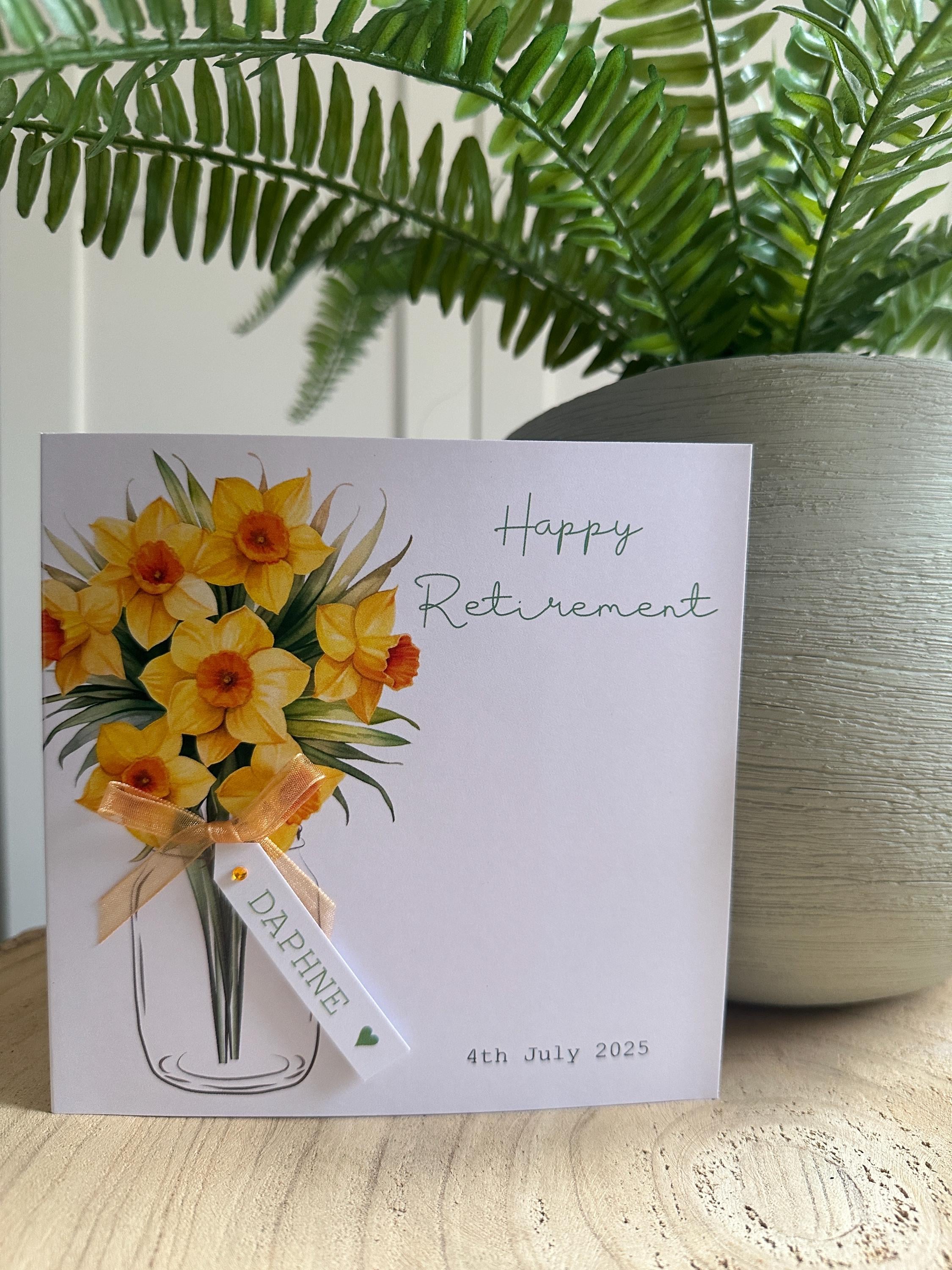 Personalised Happy Retirement Card, Congratulation Daffodil Handmade ...