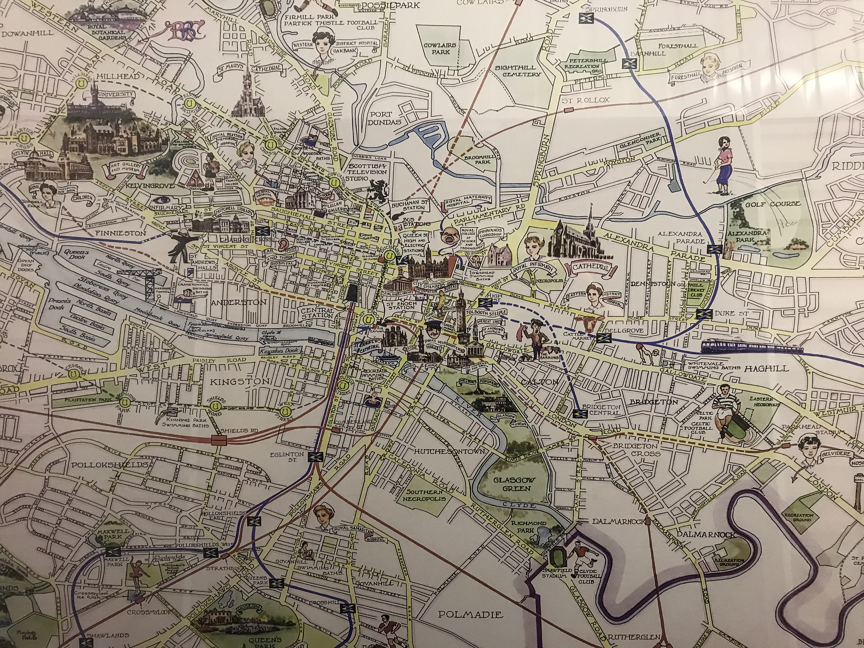 Fabulous & Very Large Vintage 1950s Decorative Glasgow Street Map ...