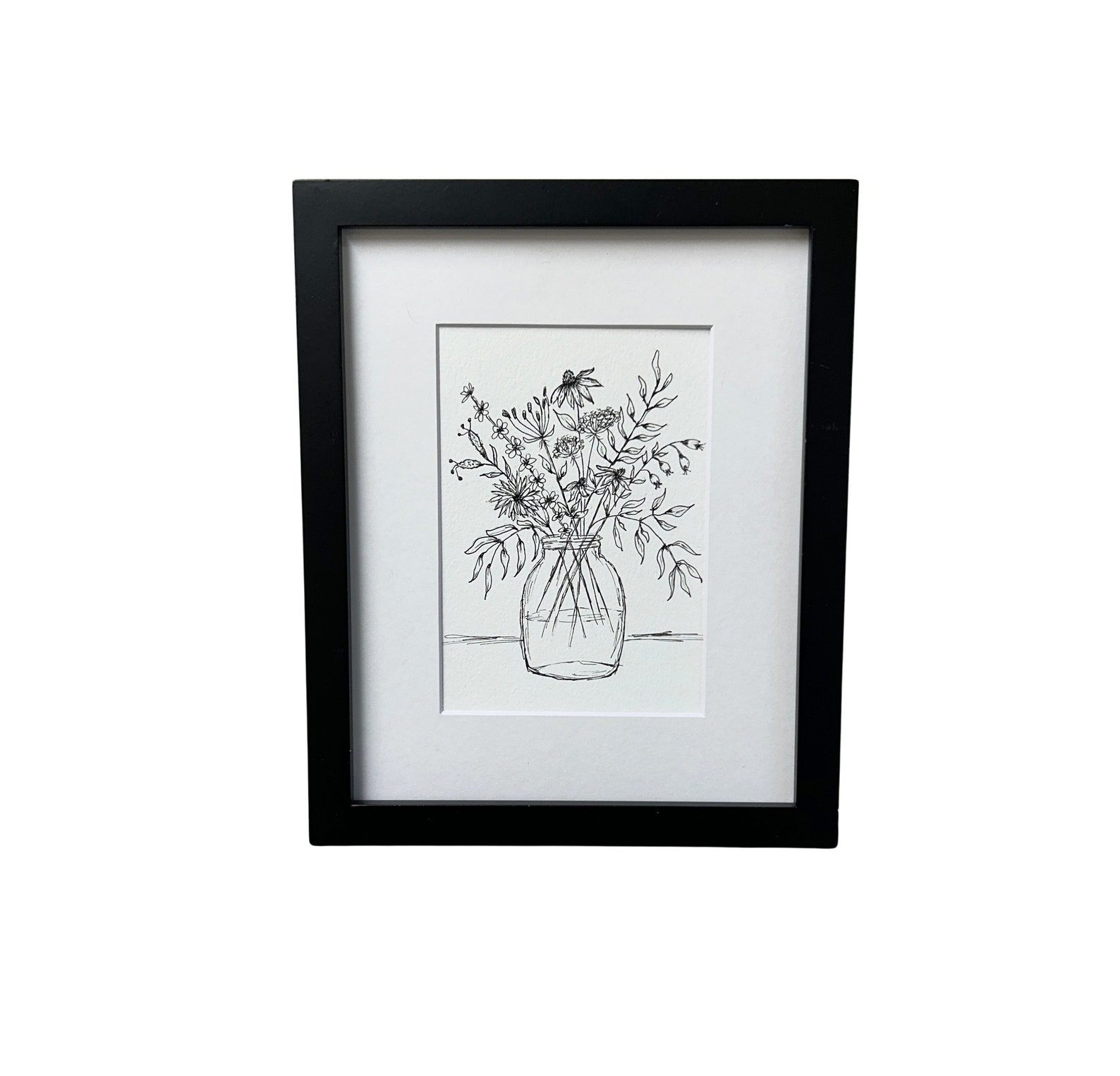 Original Pen and Ink Wildflower Drawing: 5x7 Floral Art With 8x10 Mat ...
