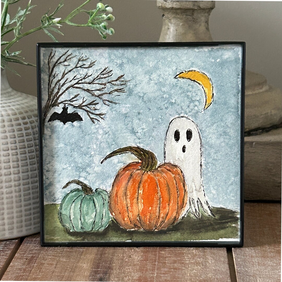 Mini Fall Pumpkins With Ghost Painting 4 X 4 Halloween Shelf - Etsy