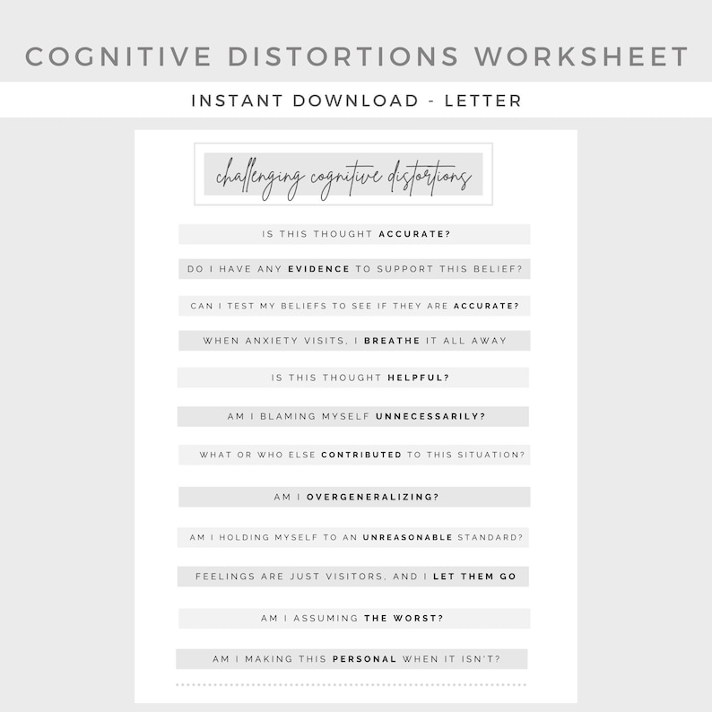 Challenging Cognitive Distortions Worksheet, Mental Health, Depression ...
