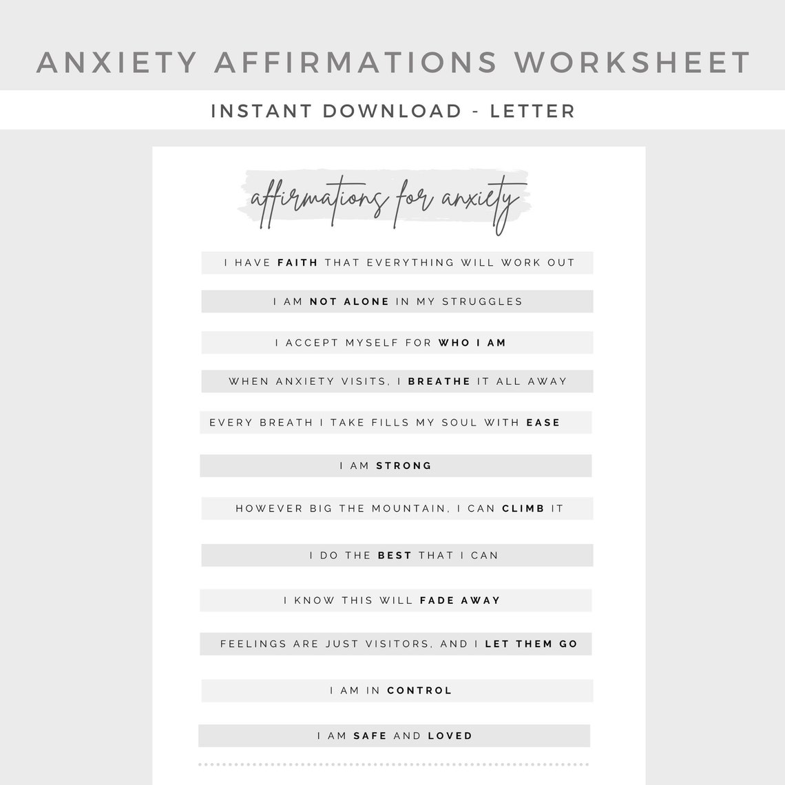 Anxiety Affirmations Worksheet, Mental Health, Depression, Anxiety ...