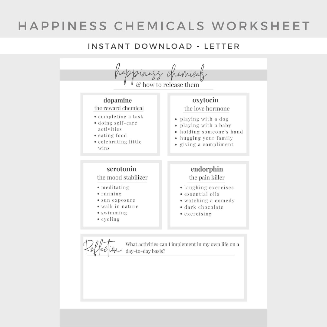 Hapiness Chemicals Worksheet, Mental Health, Depression, Anxiety ...