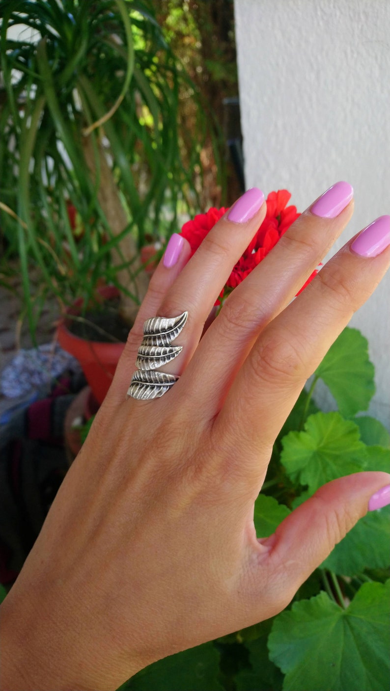Leaf Shaped Stackable Silver Coated Ring. Adjustable Statement - Etsy